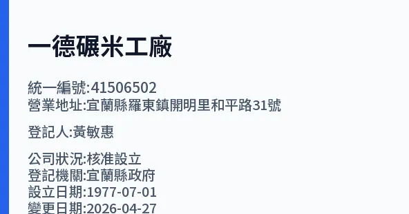 一德碾米工廠的照片-統編 41506502(宜蘭縣) 公司登記資料與營業項目詳細圖表