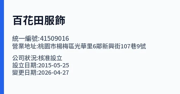 百花田服飾的照片-統編 41509016(桃園市) 公司登記資料與營業項目詳細圖表