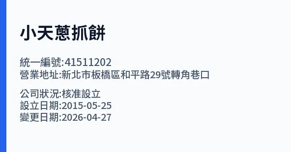 小天蔥抓餅的照片-統編 41511202(新北市) 公司登記資料與營業項目詳細圖表