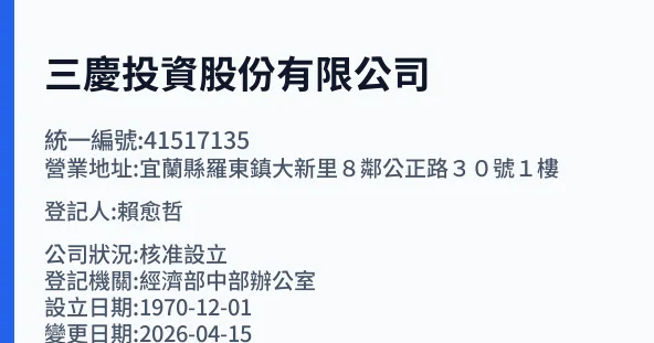 三慶投資股份有限公司的照片-統編 41517135(宜蘭縣) 公司登記資料與營業項目詳細圖表