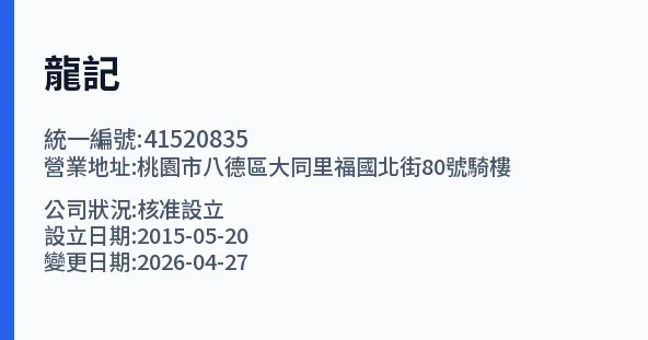 龍記的照片-統編 41520835(桃園市) 公司登記資料與營業項目詳細圖表