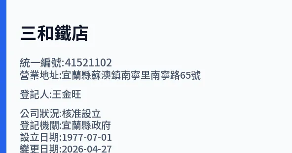 三和鐵店的照片-統編 41521102(宜蘭縣) 公司登記資料與營業項目詳細圖表