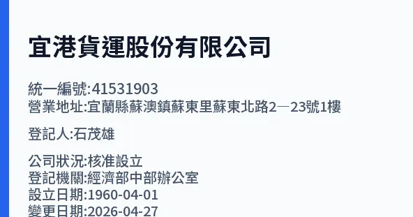 宜港貨運股份有限公司的照片-統編 41531903(宜蘭縣) 公司登記資料與營業項目詳細圖表