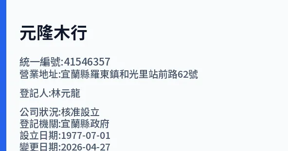 元隆木行的照片-統編 41546357(宜蘭縣) 公司登記資料與營業項目詳細圖表