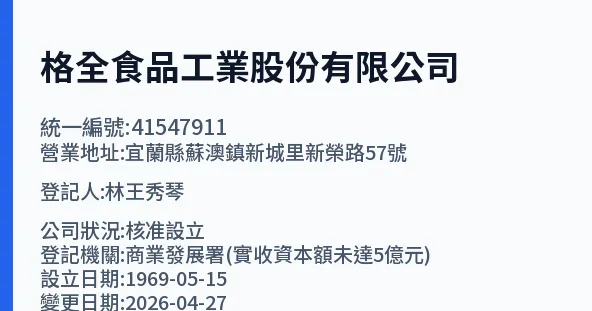 格全食品工業股份有限公司的照片-統編 41547911(宜蘭縣) 公司登記資料與營業項目詳細圖表