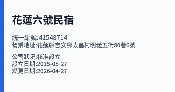 花蓮六號民宿的照片-統編 41548714(花蓮縣) 公司登記資料與營業項目詳細圖表