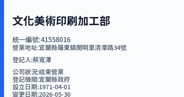 文化美術印刷加工部的照片-統編 41558016(宜蘭縣) 公司登記資料與營業項目詳細圖表