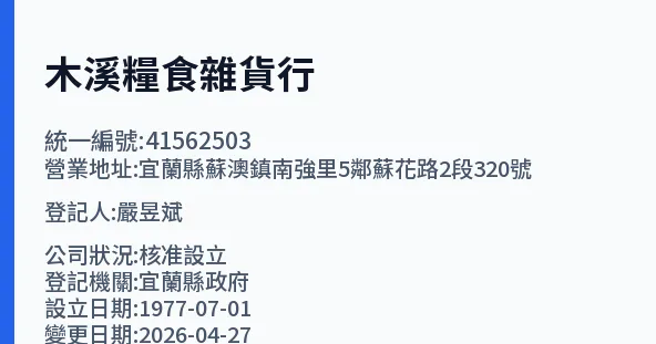 木溪糧食雜貨行的照片-統編 41562503(宜蘭縣) 公司登記資料與營業項目詳細圖表