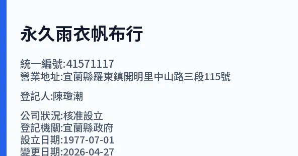 永久雨衣帆布行的照片-統編 41571117(宜蘭縣) 公司登記資料與營業項目詳細圖表
