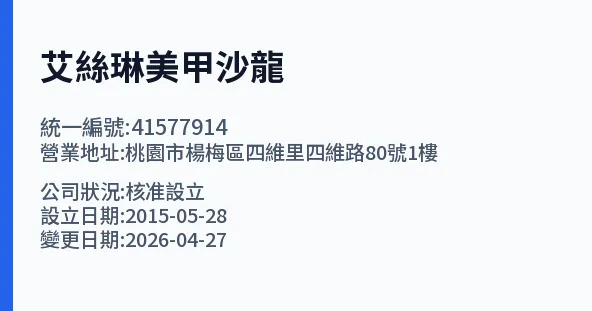 艾絲琳美甲沙龍的照片-統編 41577914(桃園市) 公司登記資料與營業項目詳細圖表