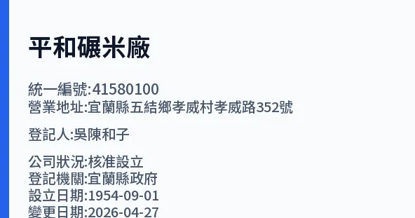 平和碾米廠的照片-統編 41580100(宜蘭縣) 公司登記資料與營業項目詳細圖表