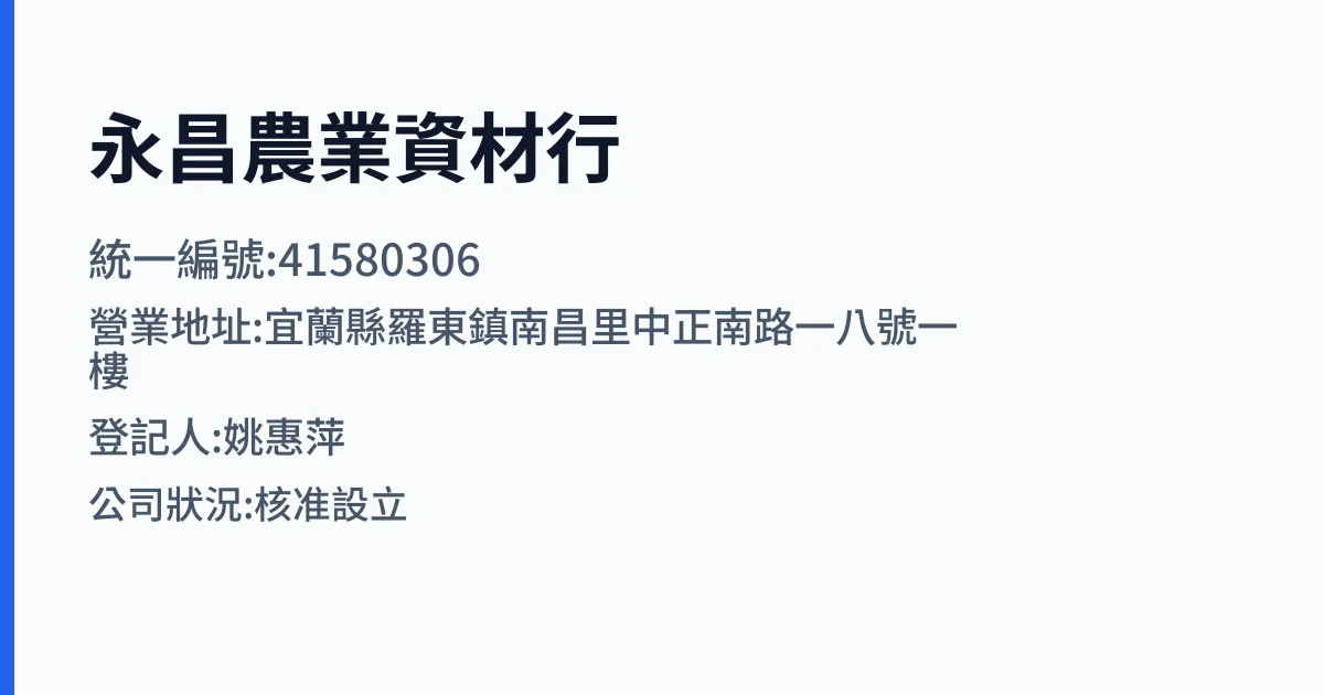 永昌農業資材行 - 統編 41580306(宜蘭縣) 公司登記資料與營業項目詳細圖表