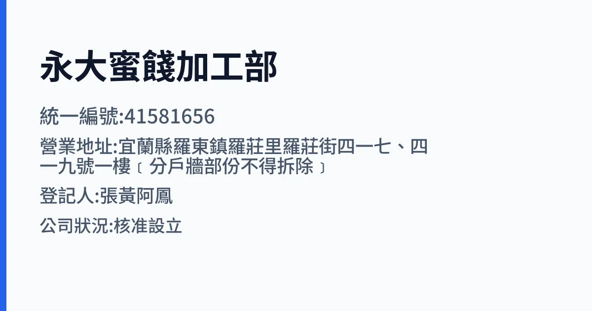 永大蜜餞加工部 - 統編 41581656(宜蘭縣) 公司登記資料與營業項目詳細圖表