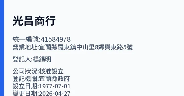 光昌商行的照片-統編 41584978(宜蘭縣) 公司登記資料與營業項目詳細圖表