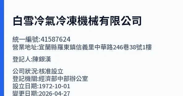 白雪冷氣冷凍機械有限公司的照片-統編 41587624(宜蘭縣) 公司登記資料與營業項目詳細圖表
