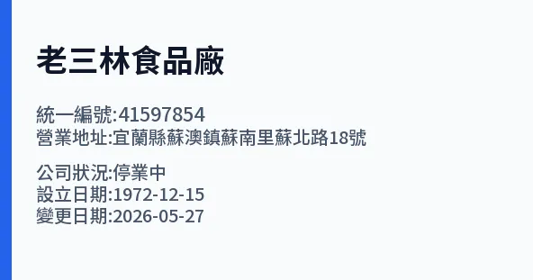 老三林食品廠的照片-統編 41597854(宜蘭縣) 公司登記資料與營業項目詳細圖表