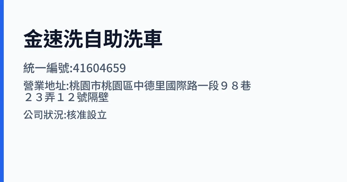 金速洗自助洗車 - 統編 41604659(桃園市) 公司登記資料與營業項目詳細圖表