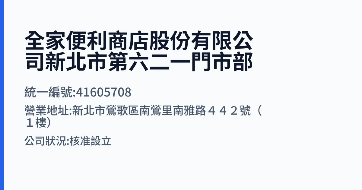 全家便利商店股份有限公司新北市第六二一門市部 - 統編 41605708(新北市) 公司登記資料與營業項目詳細圖表