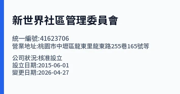 新世界社區管理委員會的照片-統編 41623706(桃園市) 公司登記資料與營業項目詳細圖表
