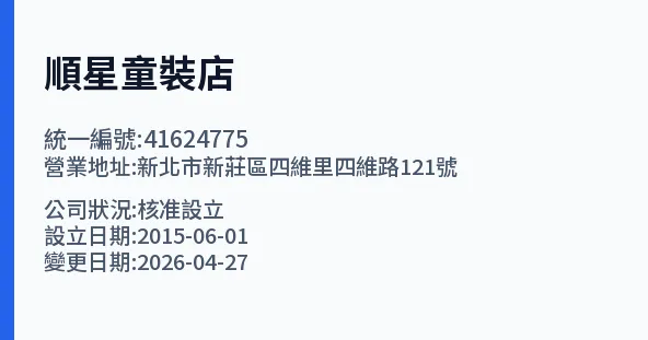 順星童裝店的照片-統編 41624775(新北市) 公司登記資料與營業項目詳細圖表