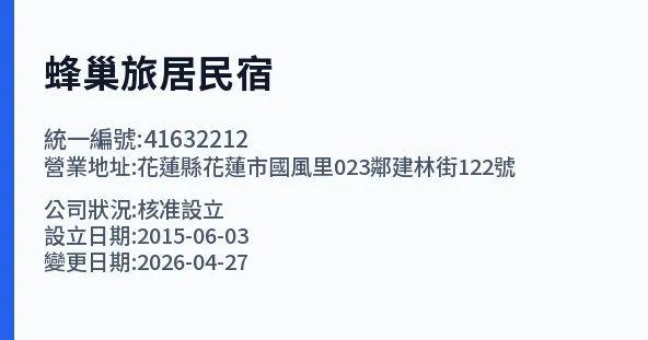 蜂巢旅居民宿的照片-統編 41632212(花蓮縣) 公司登記資料與營業項目詳細圖表