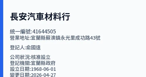 長安汽車材料行的照片-統編 41644505(宜蘭縣) 公司登記資料與營業項目詳細圖表