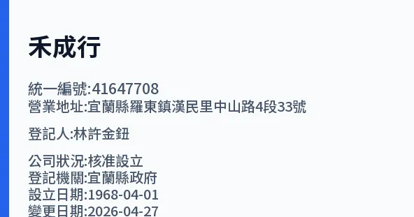 禾成行的照片-統編 41647708(宜蘭縣) 公司登記資料與營業項目詳細圖表