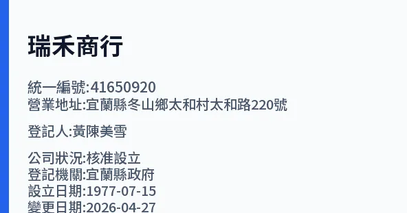 瑞禾商行的照片-統編 41650920(宜蘭縣) 公司登記資料與營業項目詳細圖表