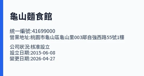 龜山麵食館的照片-統編 41699000(桃園市) 公司登記資料與營業項目詳細圖表