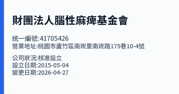 財團法人腦性麻痺基金會的照片-統編 41705426(桃園市) 公司登記資料與營業項目詳細圖表