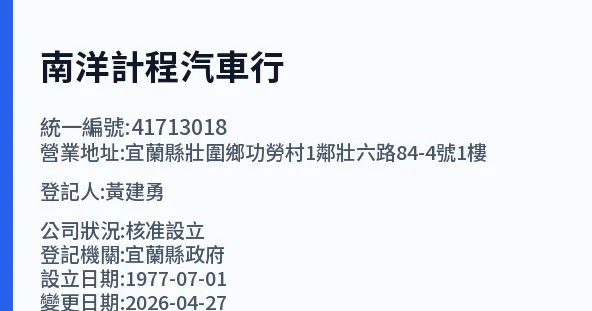 南洋計程汽車行的照片-統編 41713018(宜蘭縣) 公司登記資料與營業項目詳細圖表