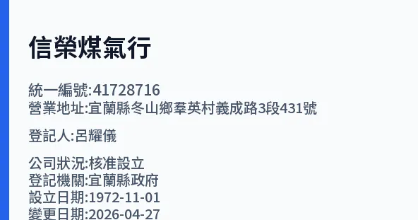 信榮煤氣行的照片-統編 41728716(宜蘭縣) 公司登記資料與營業項目詳細圖表