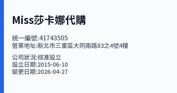 Miss莎卡娜代購的照片-統編 41743505(新北市) 公司登記資料與營業項目詳細圖表