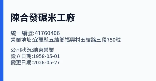 陳合發碾米工廠的照片-統編 41760406(宜蘭縣) 公司登記資料與營業項目詳細圖表