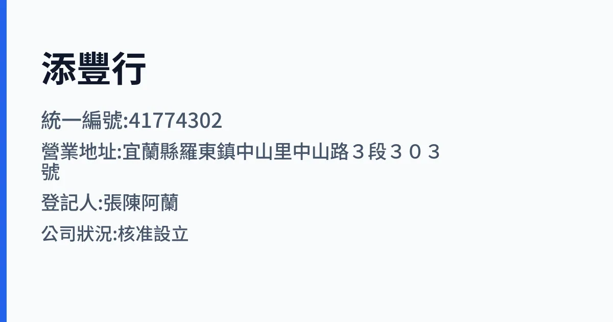 添豐行 - 統編 41774302(宜蘭縣) 公司登記資料與營業項目詳細圖表