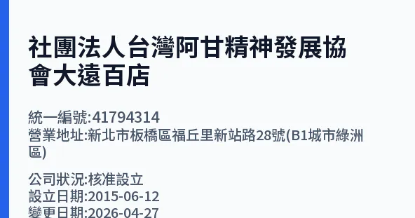 社團法人台灣阿甘精神發展協會大遠百店的照片-統編 41794314(新北市) 公司登記資料與營業項目詳細圖表