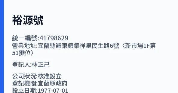 裕源號的照片-統編 41798629(宜蘭縣) 公司登記資料與營業項目詳細圖表
