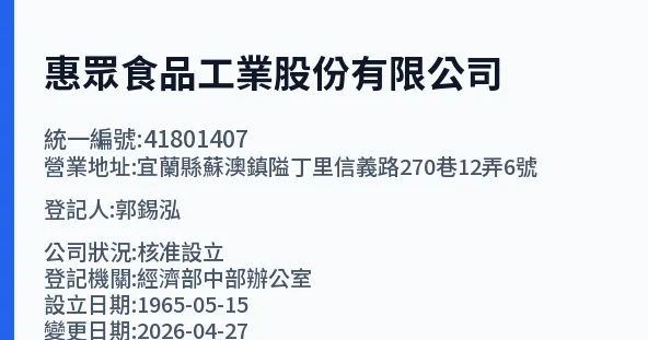 惠眾食品工業股份有限公司的照片-統編 41801407(宜蘭縣) 公司登記資料與營業項目詳細圖表
