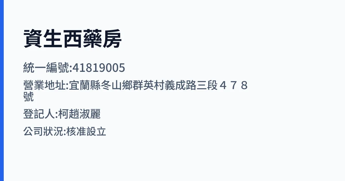 資生西藥房 - 統編 41819005(宜蘭縣) 公司登記資料與營業項目詳細圖表