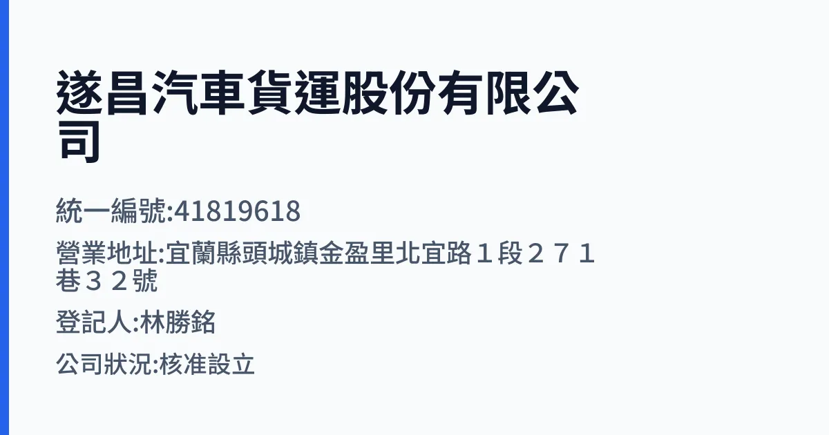 遂昌汽車貨運股份有限公司 - 統編 41819618(宜蘭縣) 公司登記資料與營業項目詳細圖表