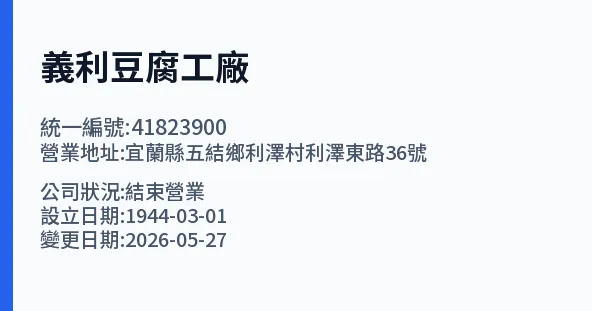 義利豆腐工廠的照片-統編 41823900(宜蘭縣) 公司登記資料與營業項目詳細圖表