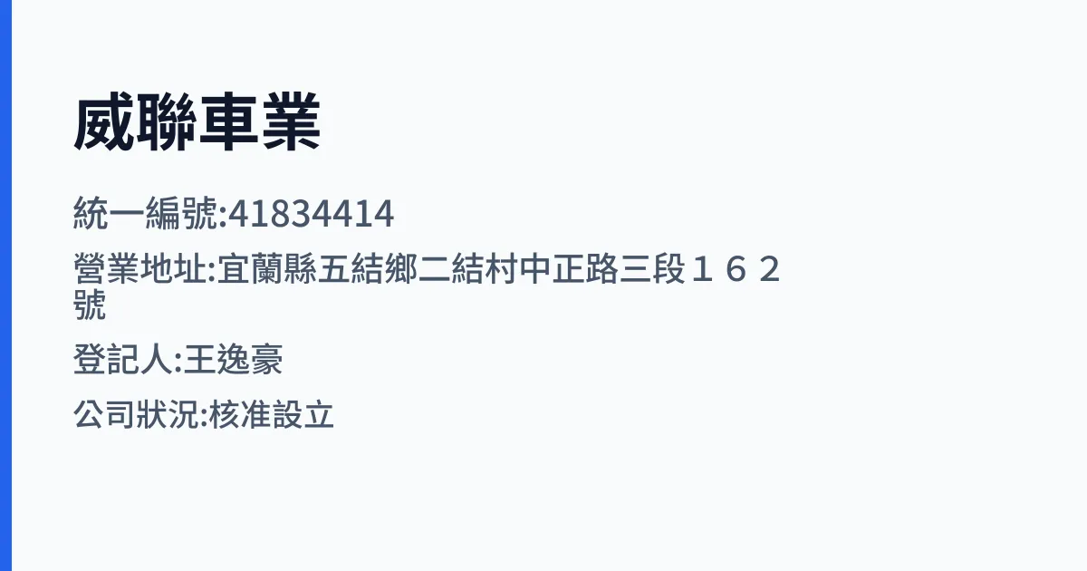威聯車業 - 統編 41834414(宜蘭縣) 公司登記資料與營業項目詳細圖表