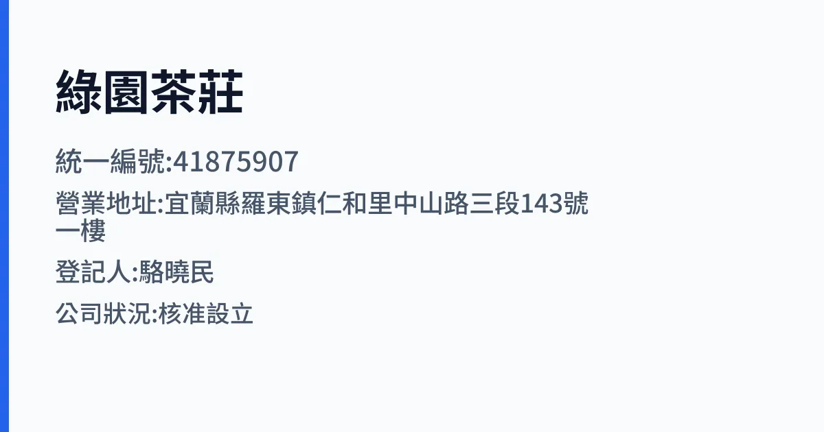 綠園茶莊 - 統編 41875907(宜蘭縣) 公司登記資料與營業項目詳細圖表