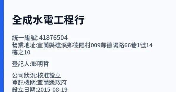 全成水電工程行的照片-統編 41876504(宜蘭縣) 公司登記資料與營業項目詳細圖表