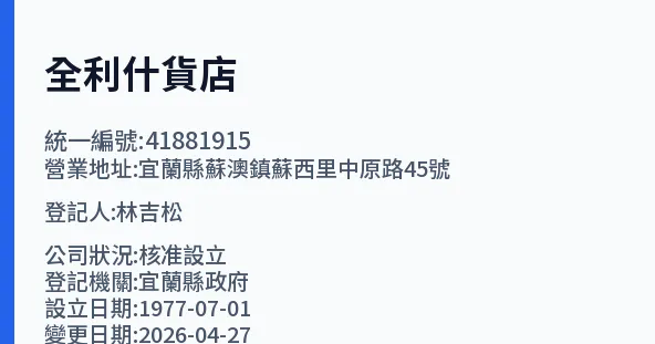 全利什貨店的照片-統編 41881915(宜蘭縣) 公司登記資料與營業項目詳細圖表
