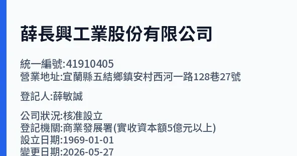 薛長興工業股份有限公司的照片-統編 41910405(宜蘭縣) 公司登記資料與營業項目詳細圖表
