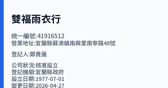 雙福雨衣行的照片-統編 41916512(宜蘭縣) 公司登記資料與營業項目詳細圖表