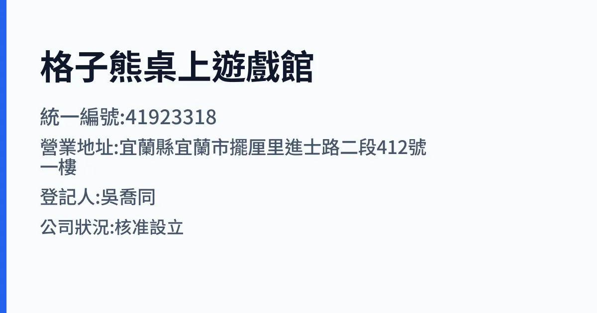 格子熊桌上遊戲館 - 統編 41923318(宜蘭縣) 公司登記資料與營業項目詳細圖表
