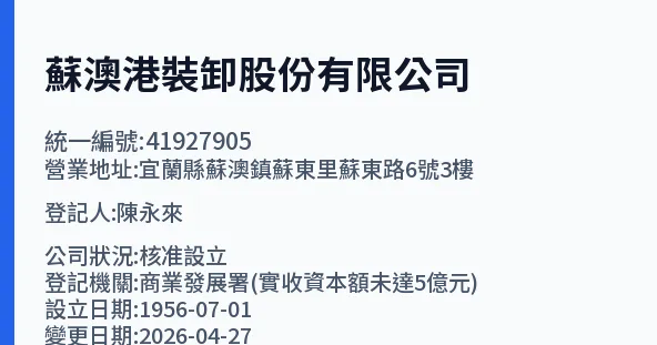 蘇澳港裝卸股份有限公司的照片-統編 41927905(宜蘭縣) 公司登記資料與營業項目詳細圖表