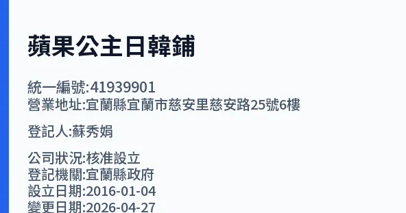 蘋果公主日韓鋪的照片-統編 41939901(宜蘭縣) 公司登記資料與營業項目詳細圖表